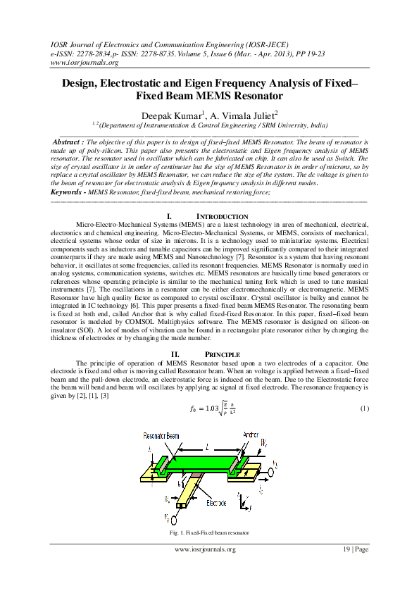 (PDF) Design, Electrostatic and Eigen Frequency Analysis of Fixed– Fixed Beam MEMS Resonator ...