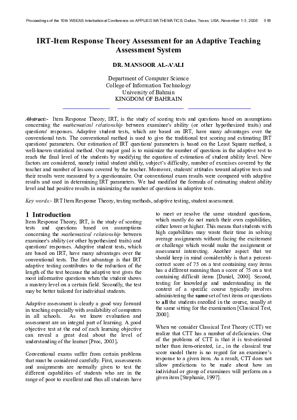 (PDF) IRT-item response theory assessment for an adaptive teaching ...