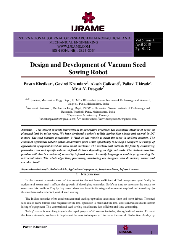 (PDF) Design and Development of Vacuum Seed Sowing Robot | Ashvin Deogade - Academia.edu