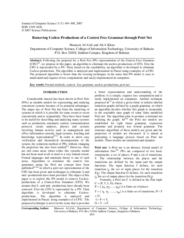 (PDF) Removing Useless Productions of a Context Free Grammar through Petri Net