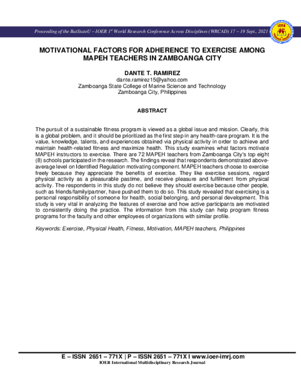 (PDF) Motivational Factors for Adherence to Exercise Among Mapeh Teachers in Zamboanga City