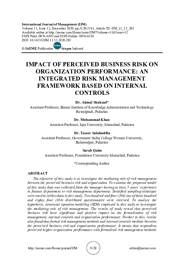 (PDF) Impact of Perceived Business Risk on Organization Performance: An ...