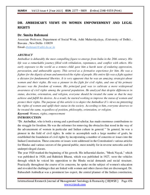 (PDF) DR. AMBEDKAR'S VIEWS ON WOMEN EMPOWERMENT AND LEGAL RIGHTS