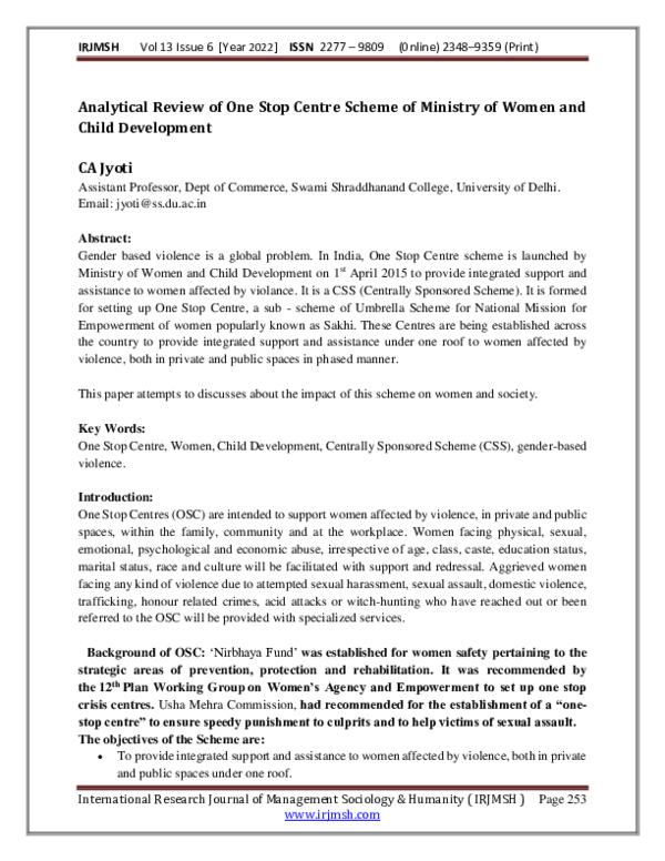 (PDF) Analytical Review of One Stop Centre Scheme of Ministry of Women ...