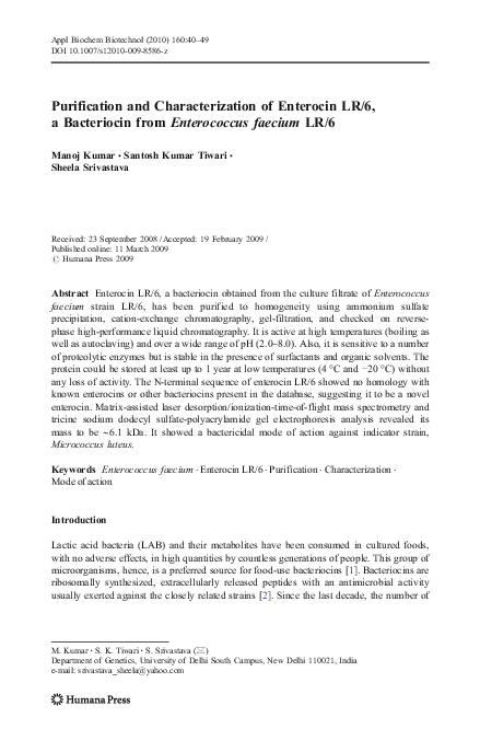 Pdf Purification And Characterization Of Enterocin Lr 6 A Bacteriocin From Enterococcus