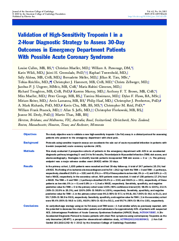 (PDF) Validation of High-Sensitivity Troponin I in a 2-Hour Diagnostic ...