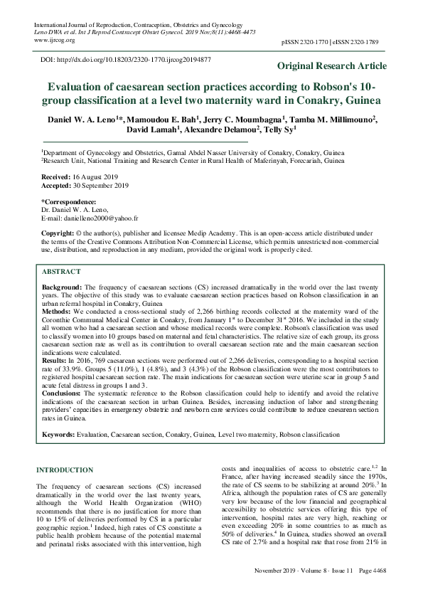 (PDF) Evaluation of caesarean section practices according to Robson's ...