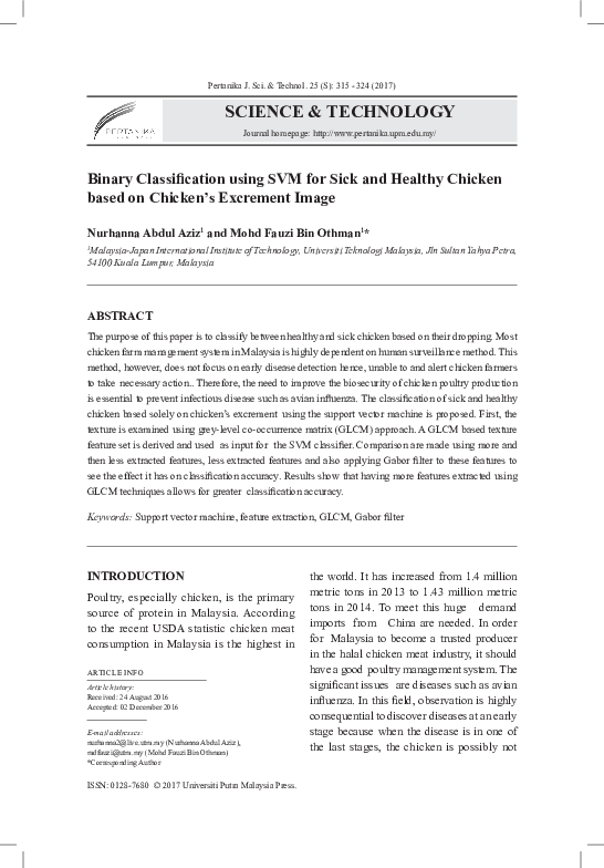 (PDF) SCIENCE & TECHNOLOGY Binary Classification using SVM for Sick and Healthy Chicken based on ...