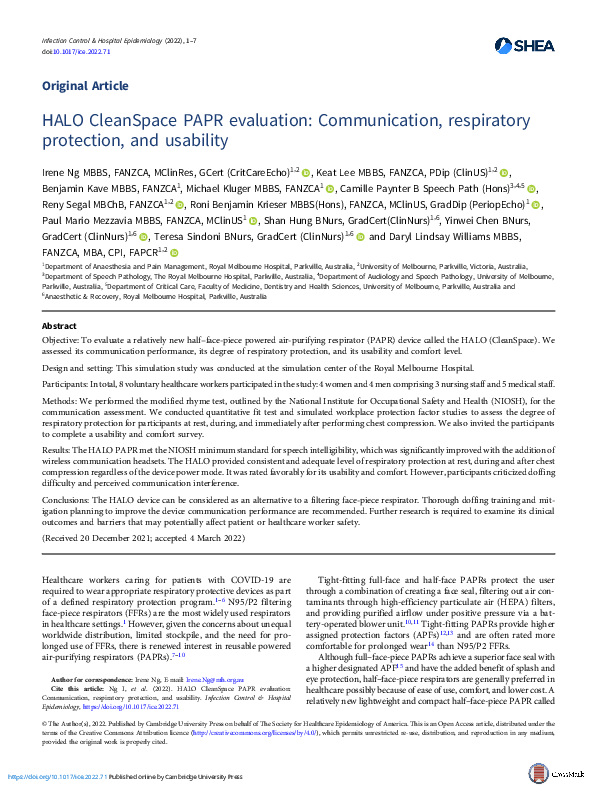 (PDF) HALO CleanSpace PAPR evaluation: Communication, respiratory ... (PDF) HALO CleanSpace PAPR evaluation: Communication, respiratory ...
