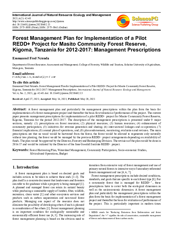 (PDF) Forest Management Plan for Implementation of a Pilot REDD+ ...