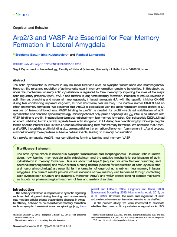 (PDF) Arp2/3 and VASP Are Essential for Fear Memory Formation in Lateral Amygdala