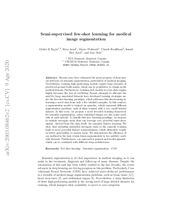 Pdf Semi Supervised Few Shot Learning For Medical Image Segmentation