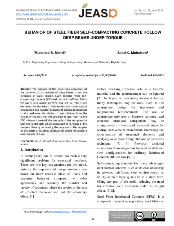 Pdf Behavior Of Steel Fiber Self Compacting Concrete Hollow Deep Beams Under Torque