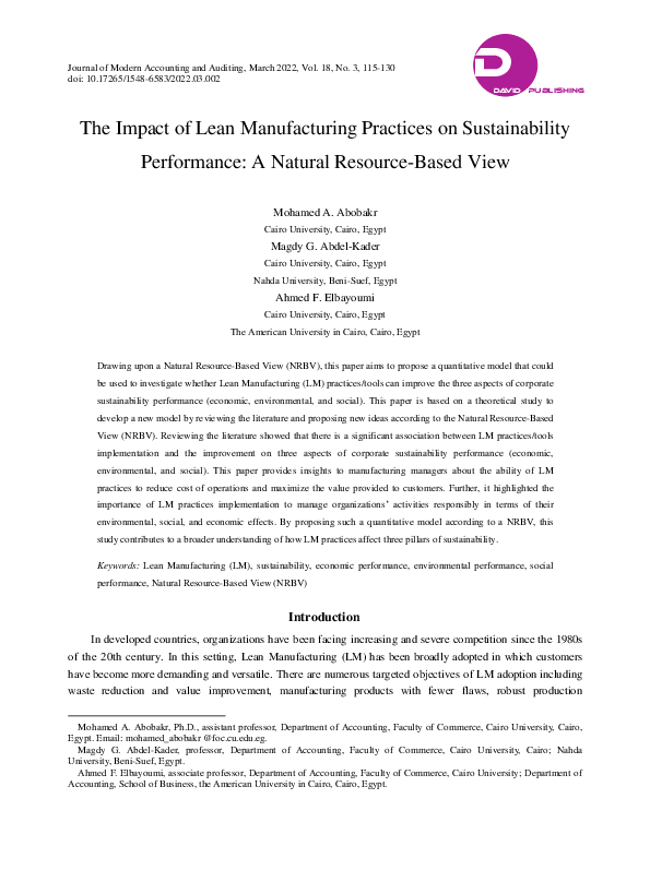 (PDF) The Impact of Lean Manufacturing Practices on Sustainability Performance: A Natural ...
