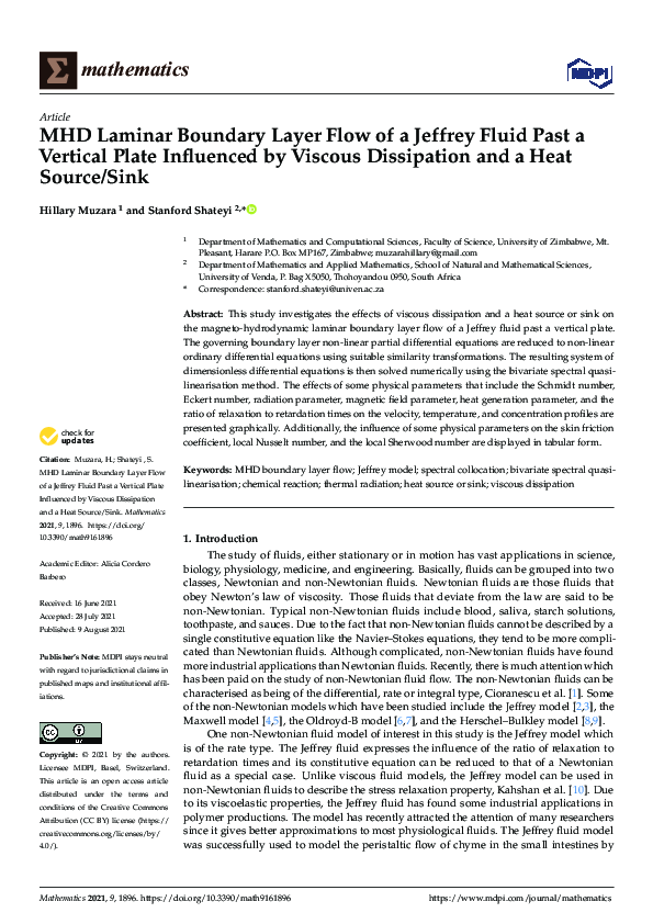 (PDF) MHD Laminar Boundary Layer Flow of a Jeffrey Fluid Past a Vertical Plate Influenced by ...