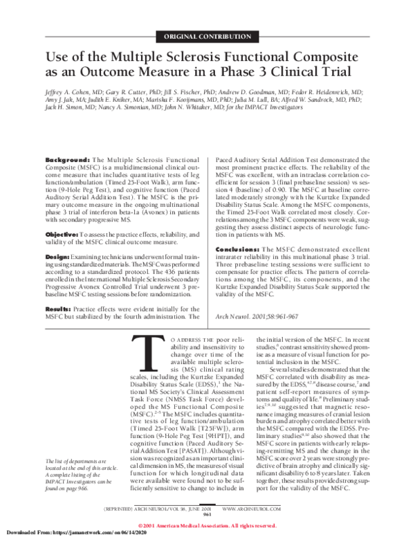 (PDF) Use of the Multiple Sclerosis Functional Composite as an Outcome Measure in a Phase 3 ...
