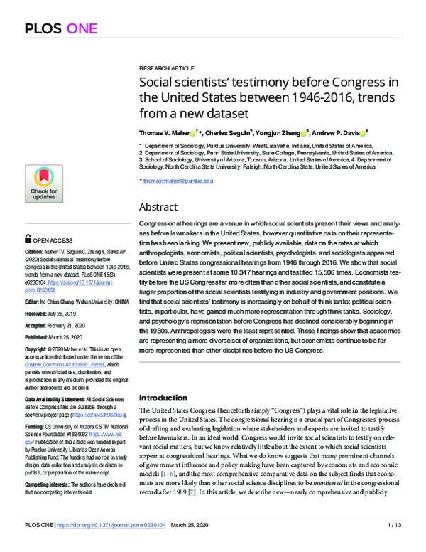 (PDF) Social scientists’ testimony before Congress in the United States ...