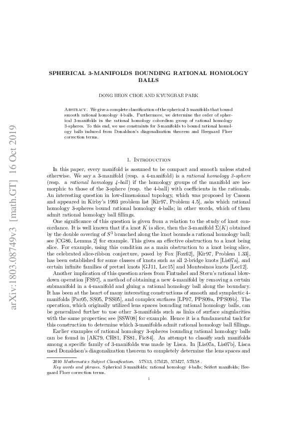 (PDF) Spherical 3-Manifolds Bounding Rational Homology Balls