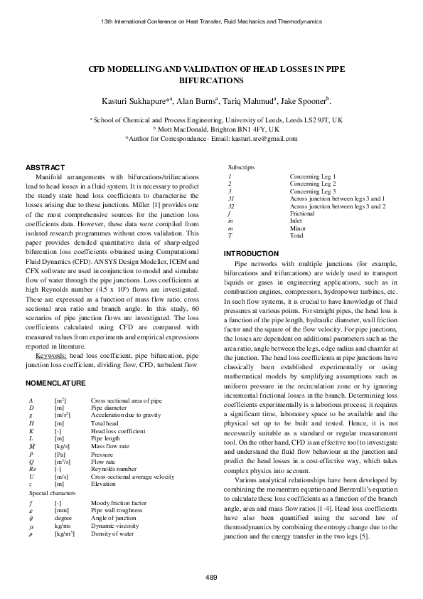 (PDF) CFD Modelling and Validation of Head Losses in Pipe Bifurcations