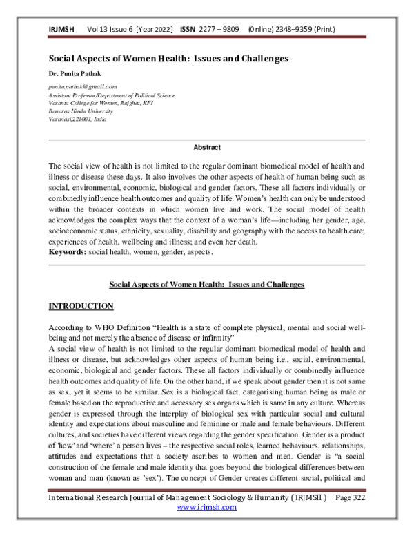 (PDF) Social Aspects of Women Health: Issues and Challenges