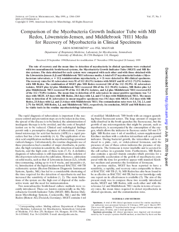 (PDF) Comparison of the Mycobacteria Growth Indicator Tube with MB Redox, Löwenstein-Jensen, and ...