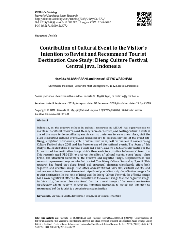 (PDF) Contribution of Cultural Event to the Visitor ’ s Intention to ...