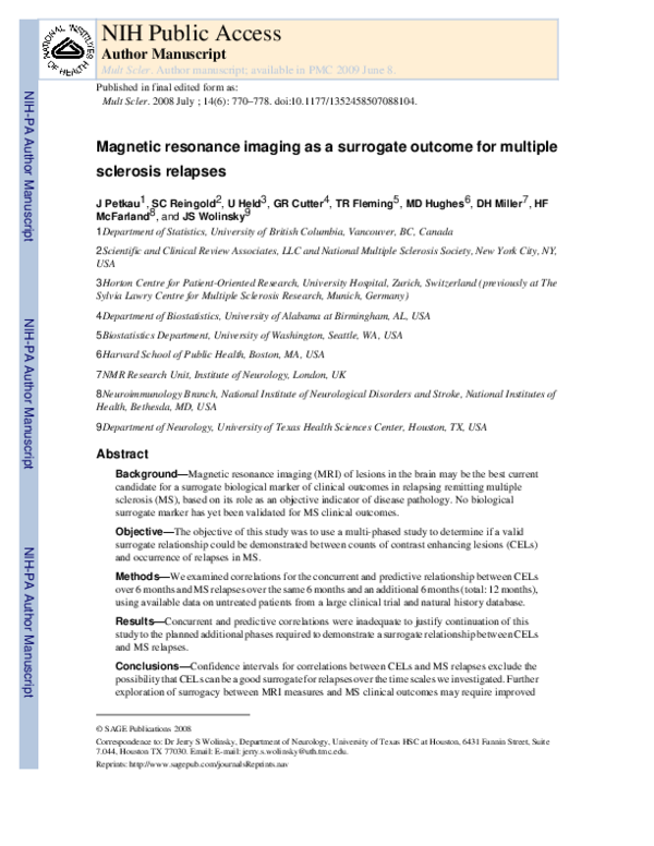 (PDF) Magnetic resonance imaging as a surrogate outcome for multiple ...