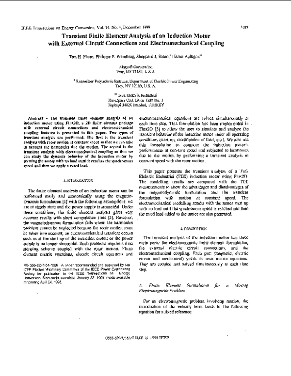 Pdf Transient Finite Element Analysis For An Induction Motor With