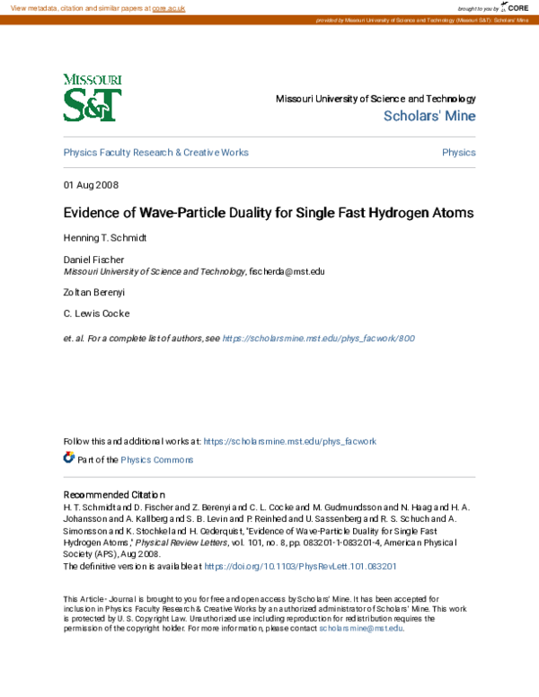 (PDF) Evidence of Wave-Particle Duality for Single Fast Hydrogen Atoms