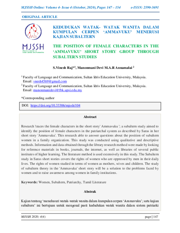 (PDF) Kedudukan Watak-Watak Wanita Dalam Kumpulan Cerpen ‘Ammavuku’ Menerusi Kajian Subaltern ...