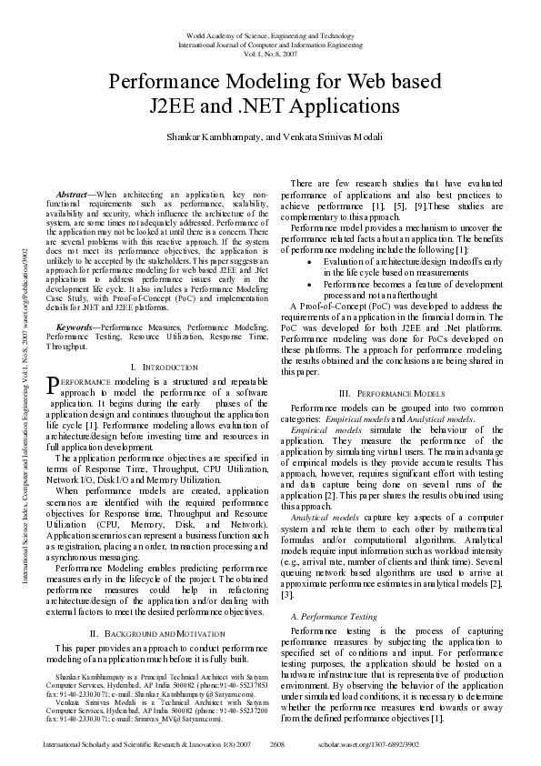 (PDF) Performance Modeling For Web Based J2Ee And .Net Applications