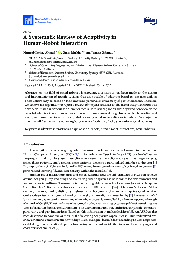 (PDF) A Systematic Review of Adaptivity in Human-Robot Interaction