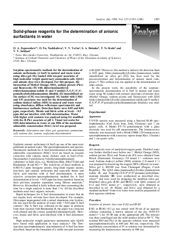 Pdf Solid Phase Reagents For The Determination Of Anionic Surfactants In Water