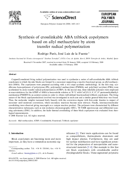 (PDF) Synthesis of crosslinkable ABA triblock copolymers based on allyl methacrylate by atom ...