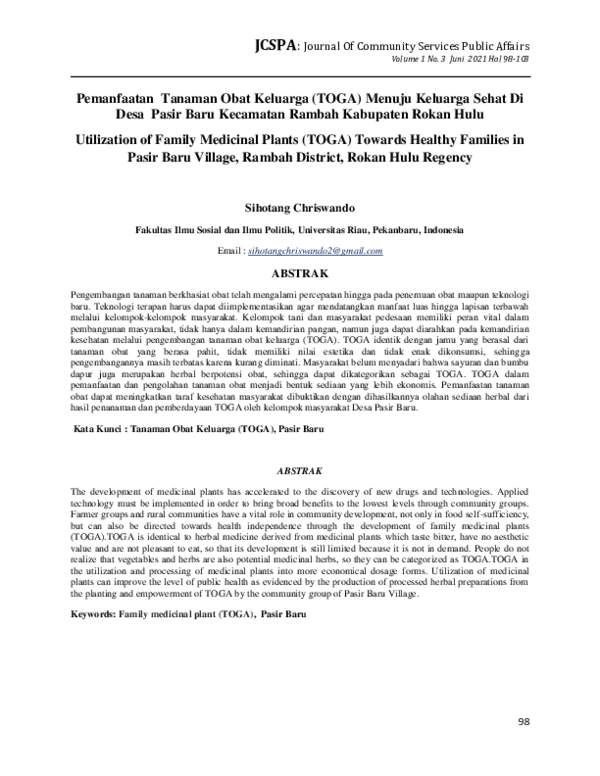 (PDF) Pemanfaatan Tanaman Obat Keluarga (TOGA) Menuju Keluarga Sehat Di Desa Pasir Baru ...
