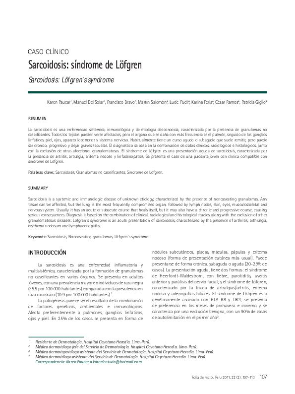 (PDF) Sarcoidosis: síndrome de Löfgren Sarcoidosis: Löfgren's syndrome