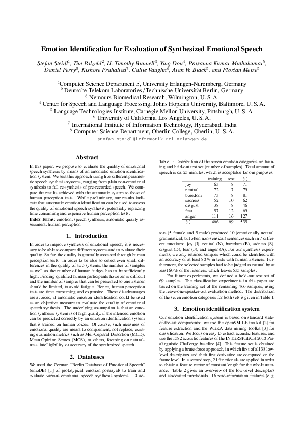 (PDF) Emotion Identification for Evaluation of Synthesized Emotional Speech