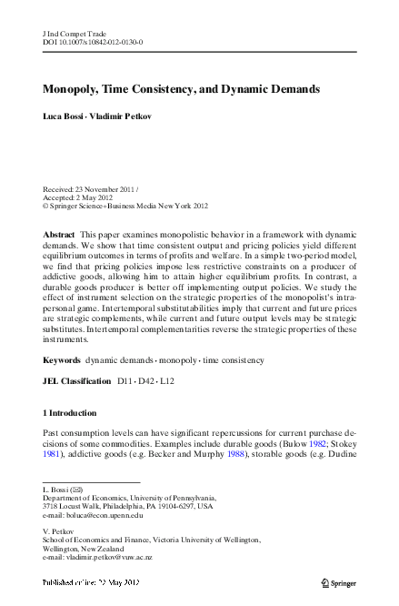 (PDF) Monopoly, Time Consistency, and Dynamic Demands