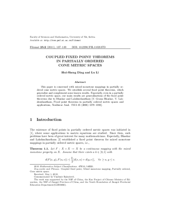 (PDF) Coupled fixed point theorems in partially ordered cone metric spaces