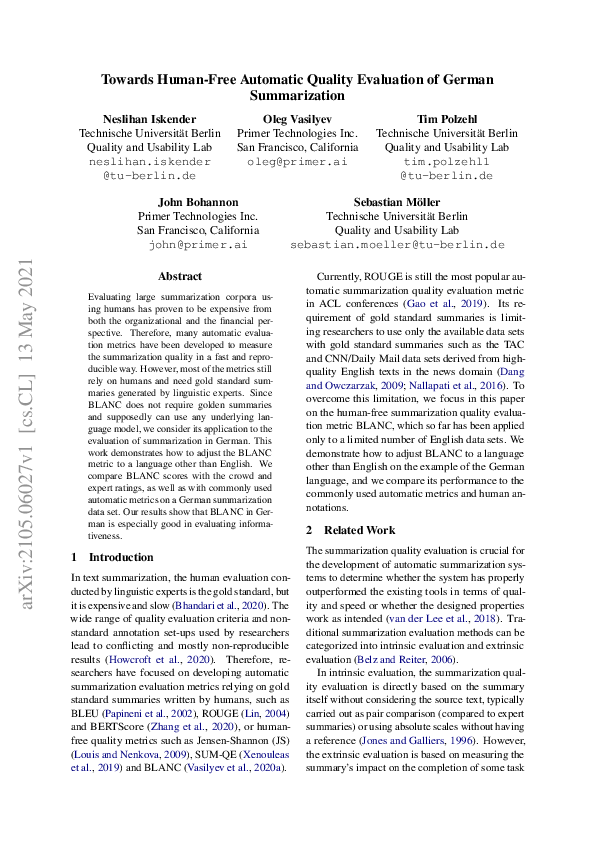 Pdf Towards Human Free Automatic Quality Evaluation Of German