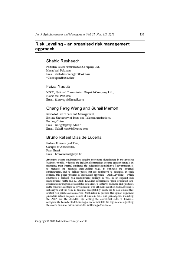 (PDF) Risk Leveling - an organised risk management approach