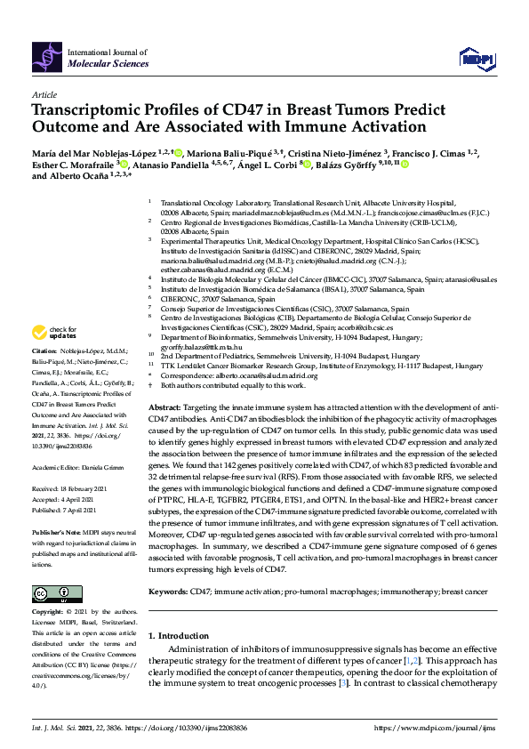 (PDF) Transcriptomic Profiles of CD47 in Breast Tumors Predict Outcome ...