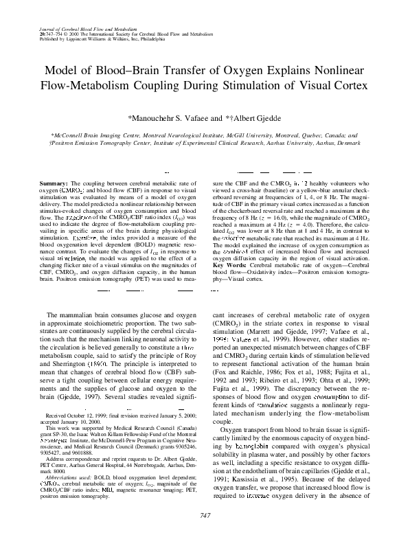 (PDF) Model of Blood–Brain Transfer of Oxygen Explains Nonlinear Flow-Metabolism Coupling During ...