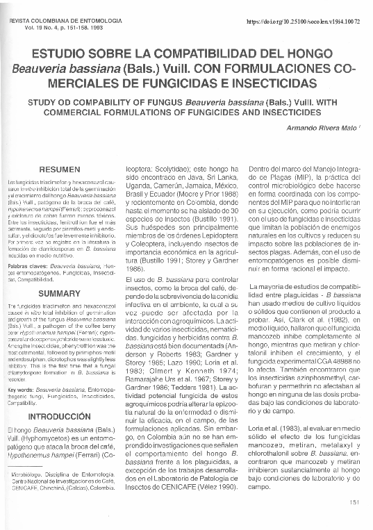 (PDF) ESTUDIO SOBRE LA COMPATIBILIDAD DEL HONGO Beauveria bassiana (Bals.) Vuill. CON ...