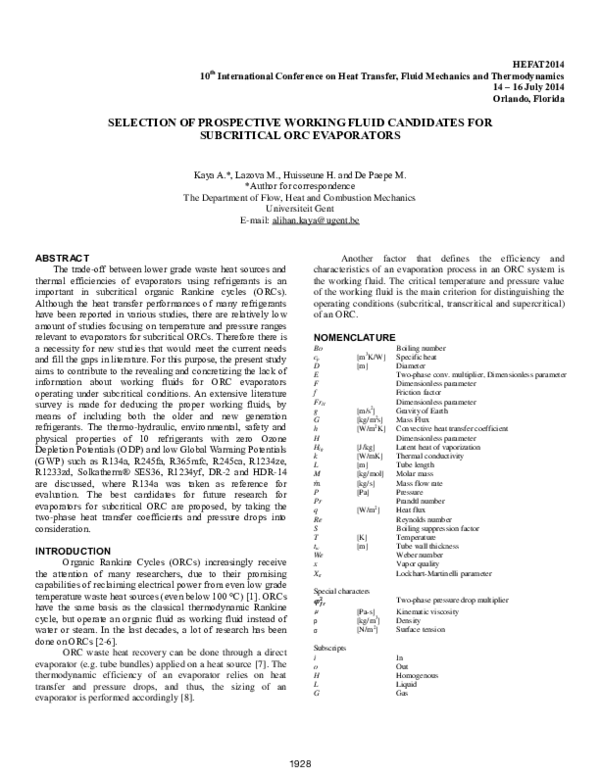 Pdf Selection Of Prospective Working Fluid Candidates For Subcritical Orc Evaporators