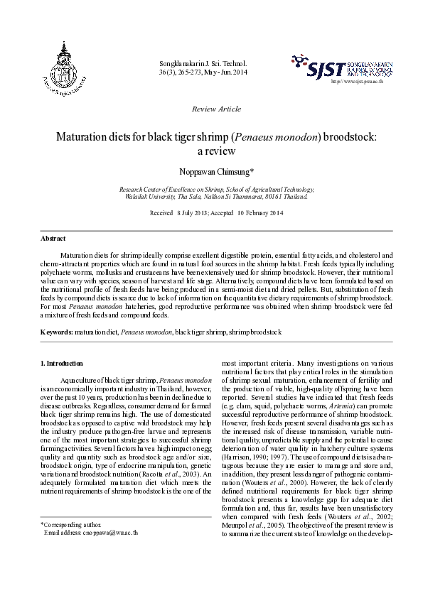 (PDF) Maturation diets for black tiger shrimp (Penaeus monodon ...