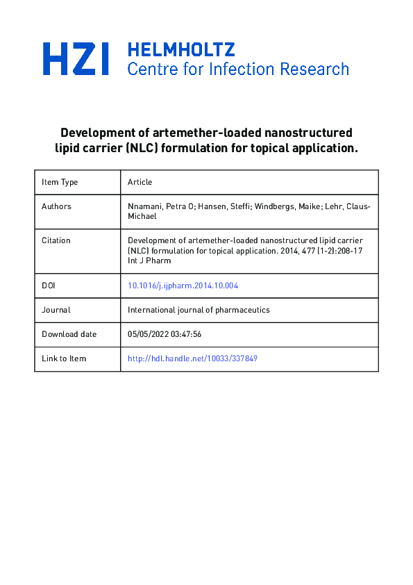(PDF) Development of artemether-loaded nanostructured lipid carrier (NLC) formulation for ...