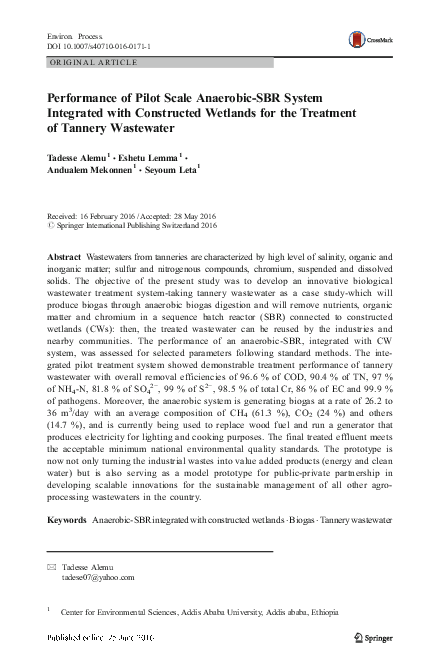 (PDF) Performance of Pilot Scale Anaerobic-SBR System Integrated with ...