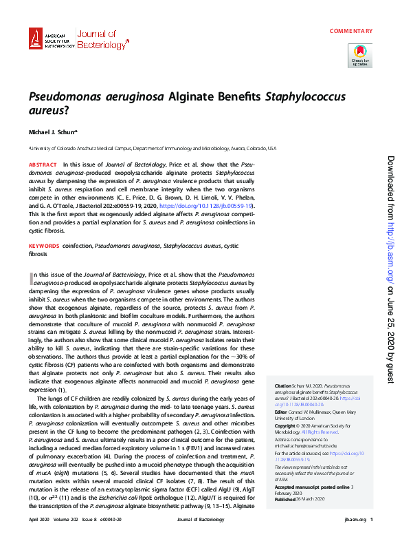 (PDF) Pseudomonas aeruginosa Alginate Benefits Staphylococcus aureus?
