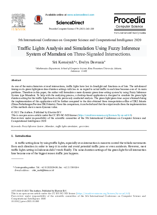(PDF) Traffic Lights Analysis and Simulation Using Fuzzy Inference System of Mamdani on Three ...